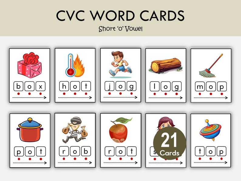 CVC Words Picture Flashcards Printable | Phonics Blending Cards | Short ...