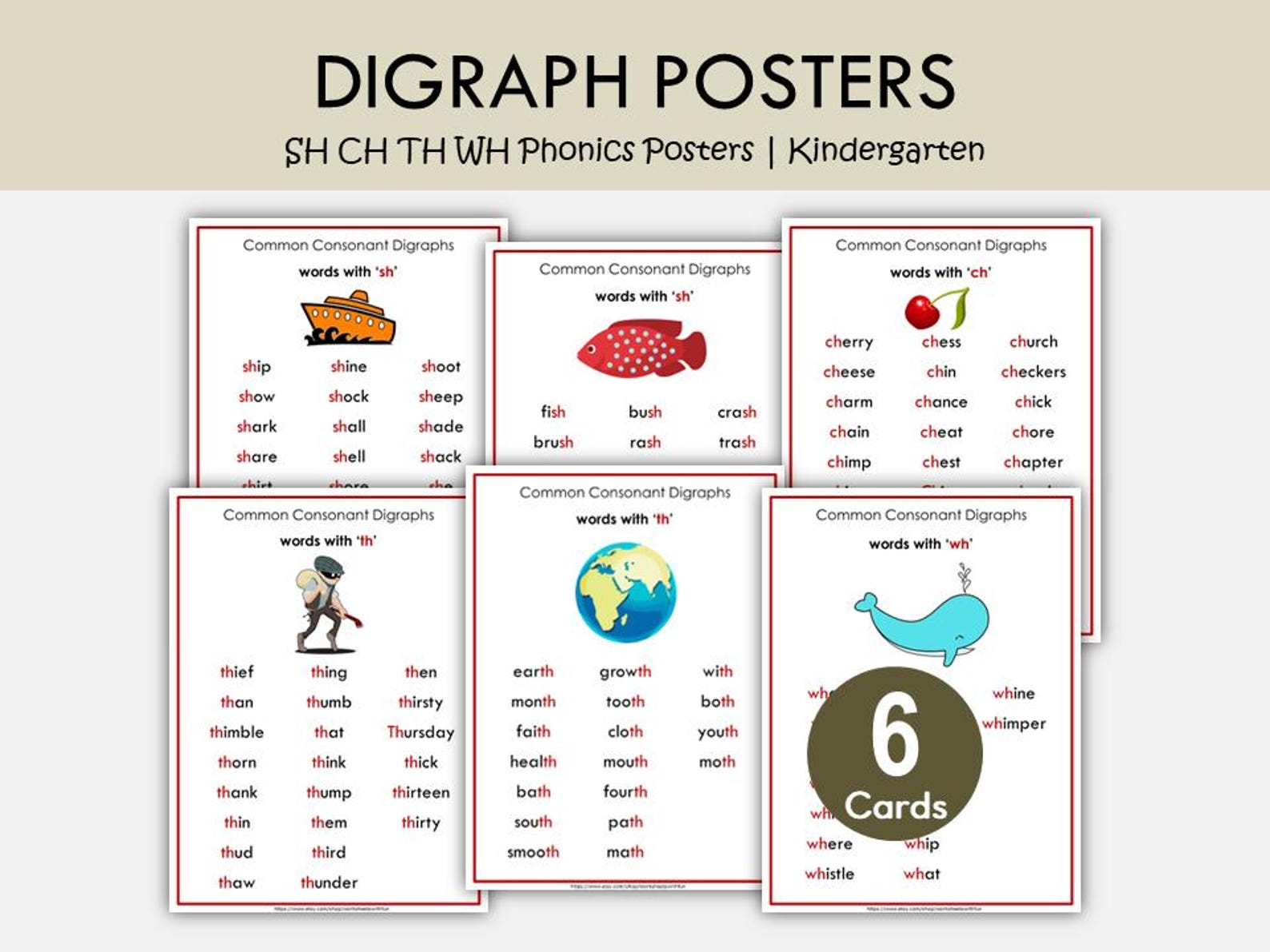 Digraph Posters Printable | Sh Ch Th Wh Phonics Posters | Kindergarten ...