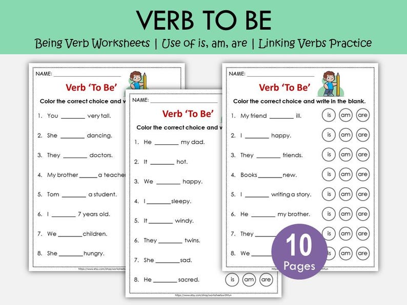 Verb to Be Worksheets Printable | is Am Are Grammar Practice | ESL ...