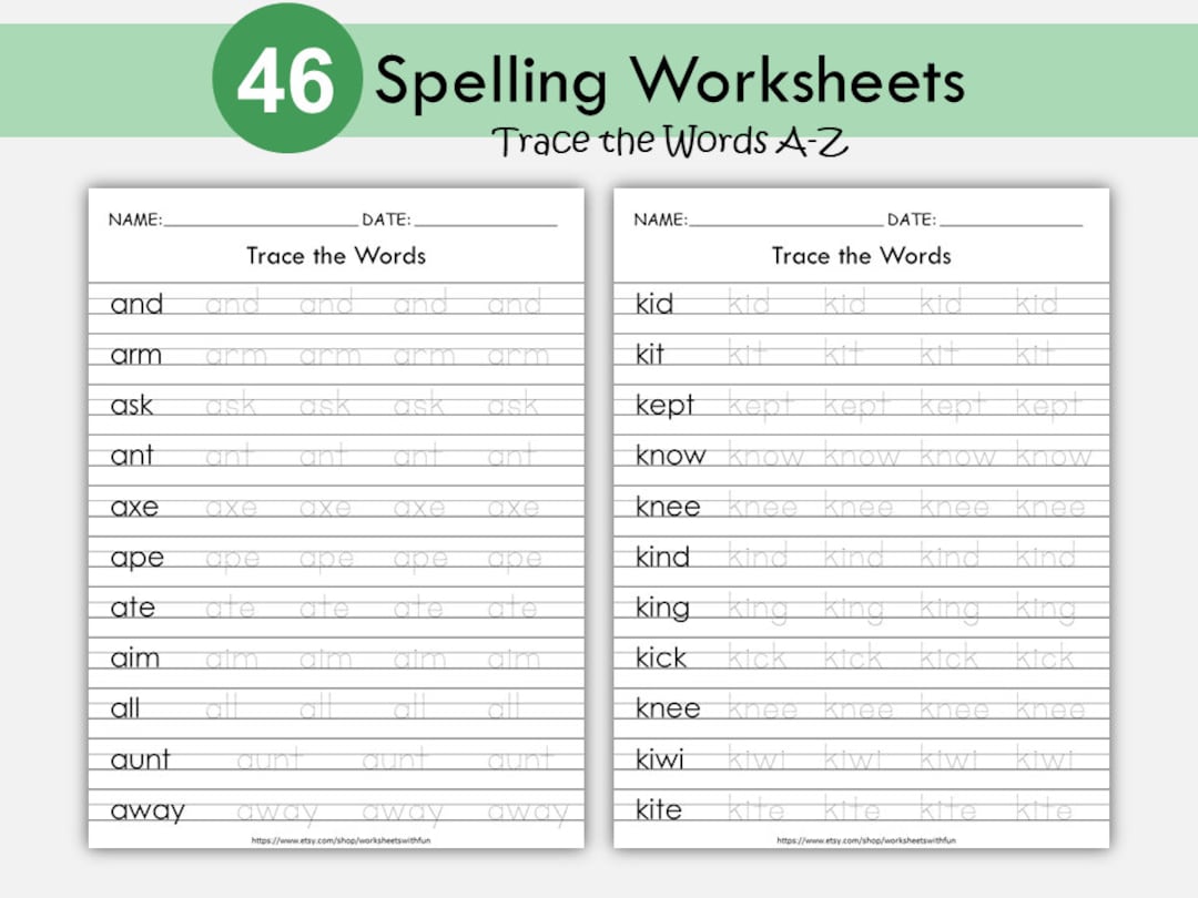 Sight Word Tracing Worksheets: 46 A-Z Words Practice (printable) - Etsy