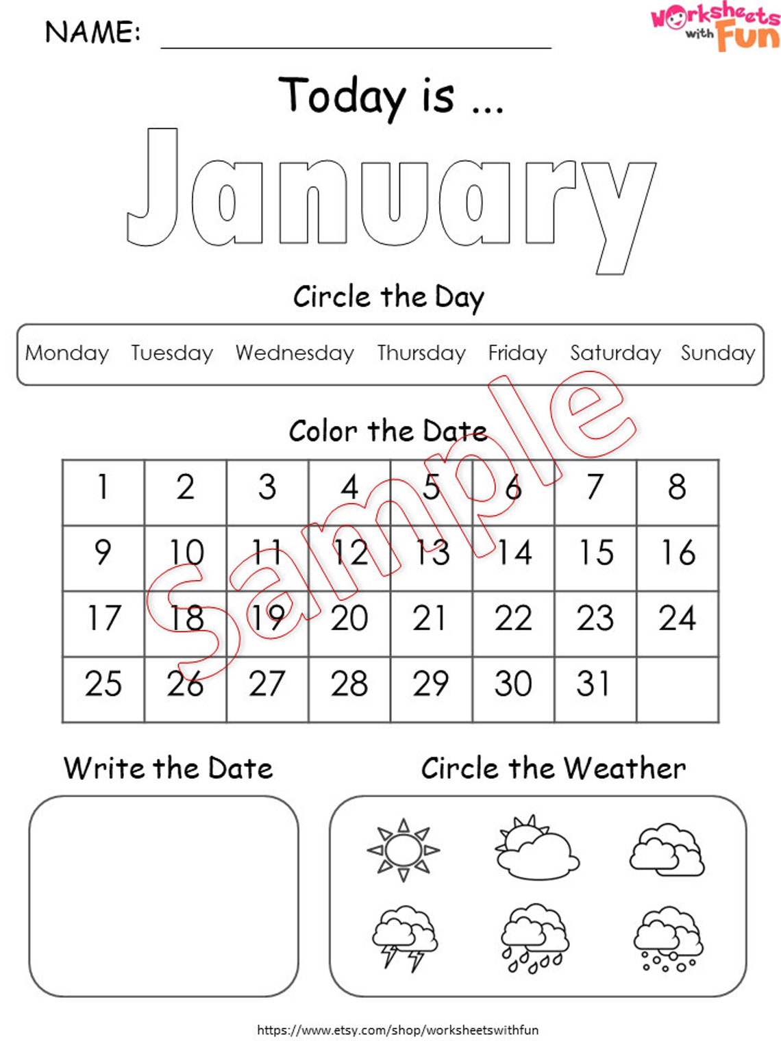 Preschool Calendar Worksheets Printable Kids Monthly Digital - Etsy