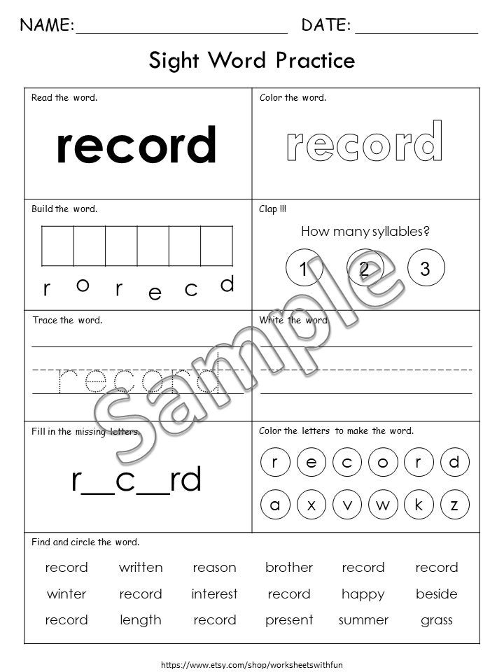 300 Fry Sight Words Worksheets: Grades 1-5, Homeschool (printable) - Etsy