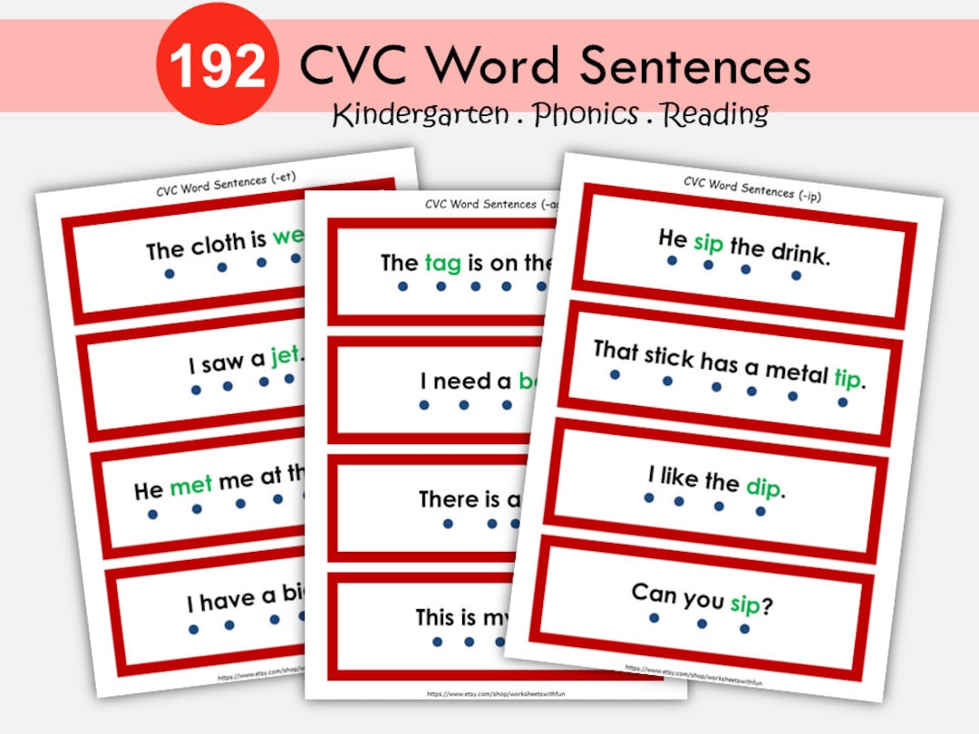 CVC Words, CVC Sentences Printable, CVC Phonics Cards, Reading ...