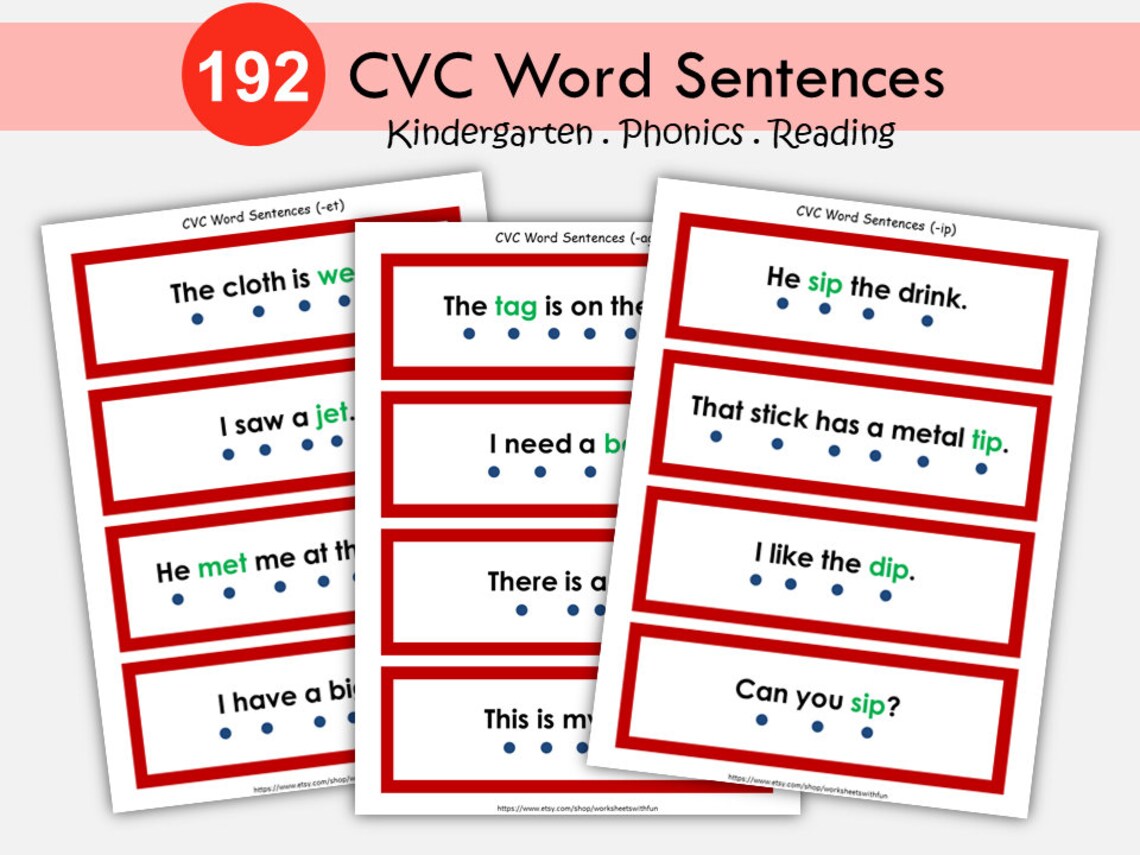 Tap and Track CVC Sentences Cards, CVC Word Family Reading Fluency ...