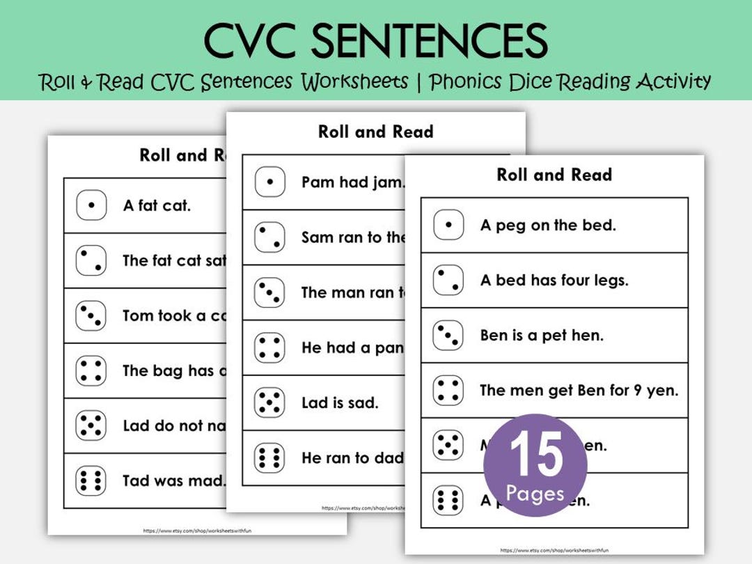 Roll & Read CVC Sentences Worksheets | Phonics Dice Reading Activity ...