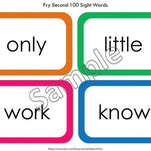 Sight Words Flash Cards Fry Second 100 Printable, Kids High Frequency ...