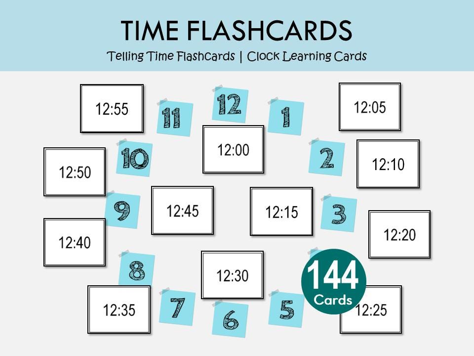 Printable Time Cards for Kids, Telling Time Flashcards, Clock Learning ...