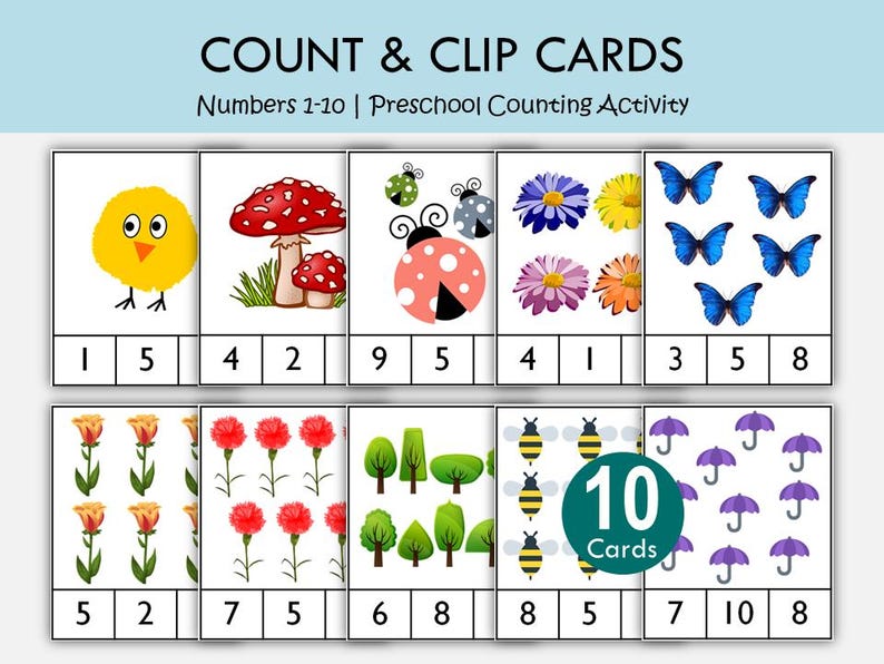 Counting Clip Cards Numbers 1-10, Preschool Math Activity (printable ...