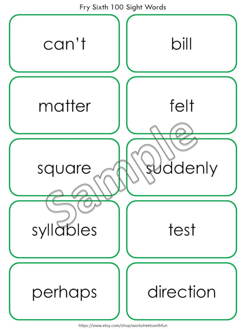 Fry Sixth Hundred Sight Words Flashcards Printable PDF, 100 High ...