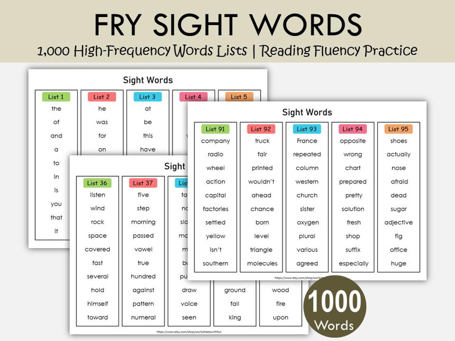 1,000 Fry Sight Words Printable | High Frequency Words Lists | Reading ...
