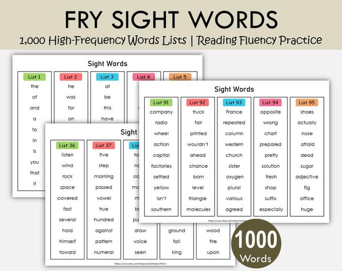 1000 Fry's High Frequency Sight Words Printable Worksheet , Fry Words ...