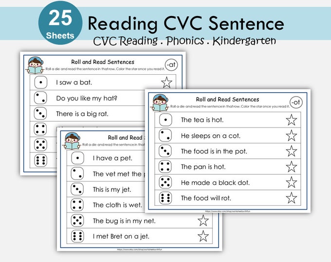 Phonics Worksheets CVC Short Vowels - Roll & Read Sentences ...
