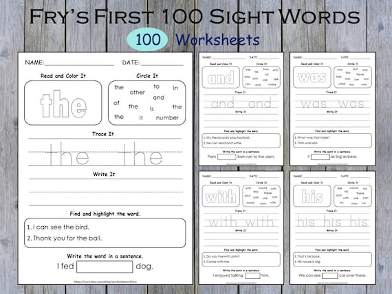 100 Printable Fry First Hundred Sight Words Worksheets For Etsy Canada
