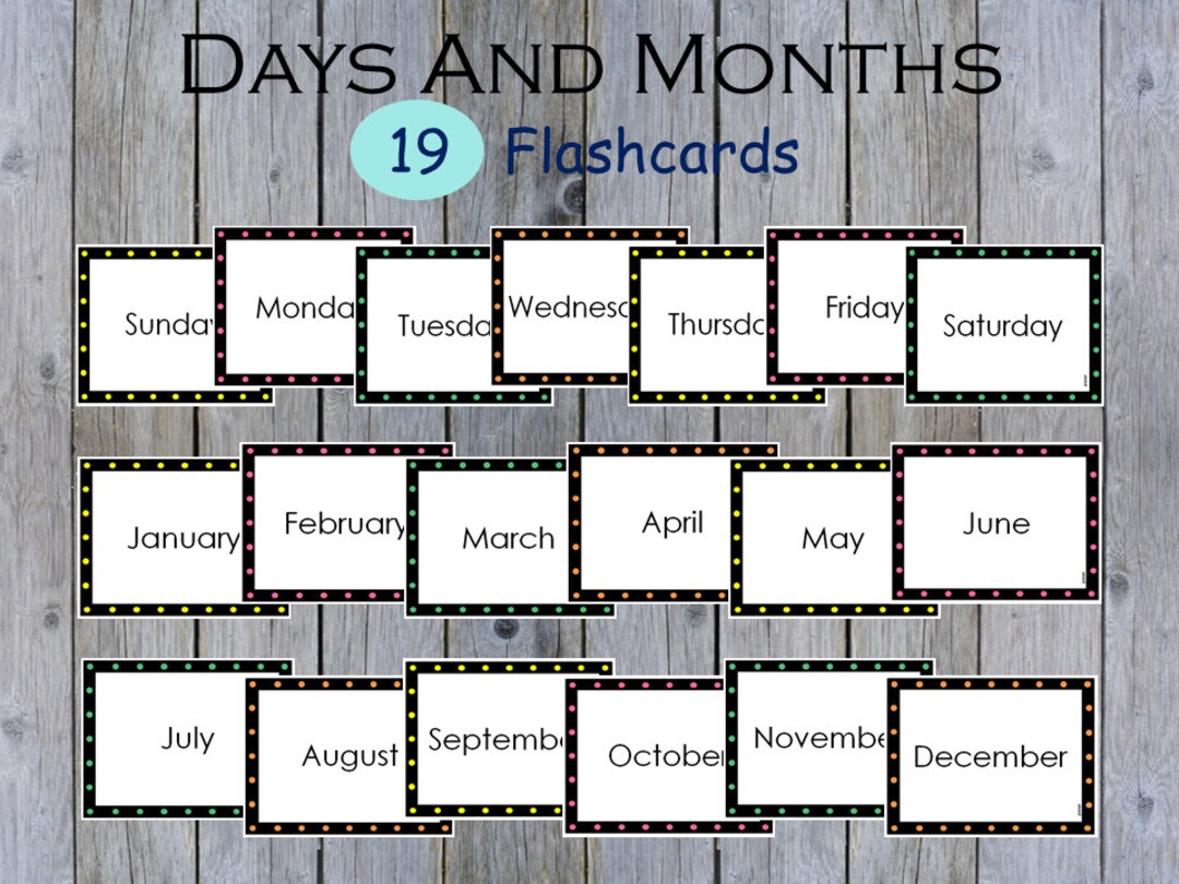 Days of the Week Printable Flashcards, Months of the Year, Flash Cards ...