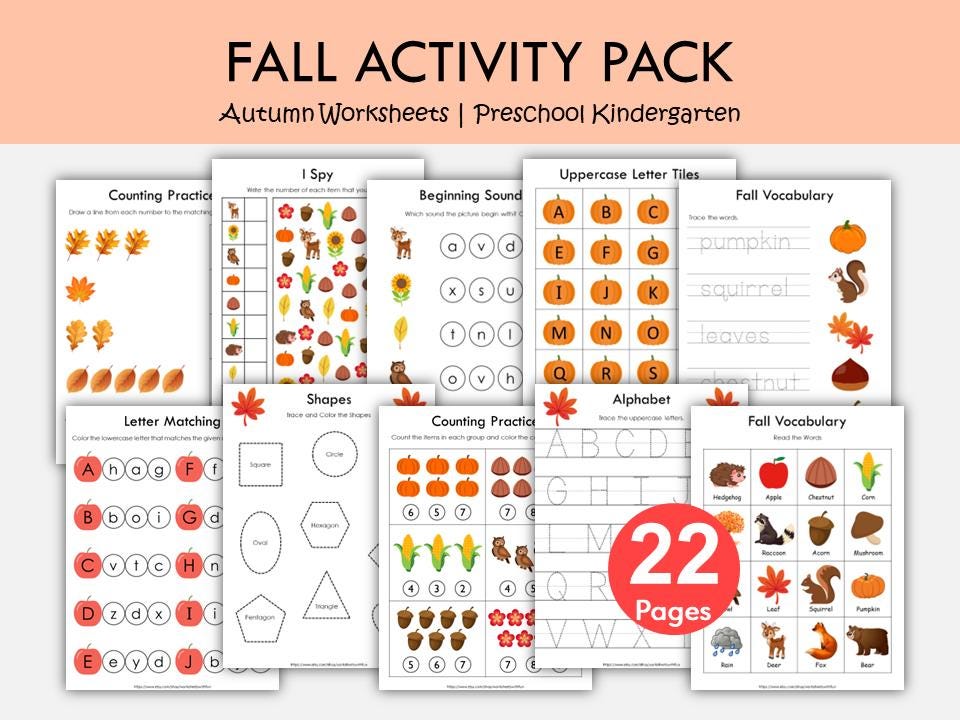 Fall Preschool Activity Pack Printable, Autumn Worksheets for Kids, Pre ...