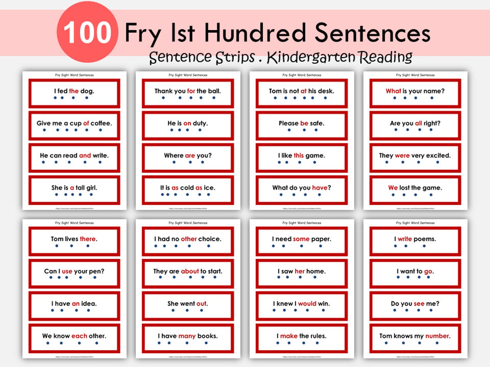 Fry Sight Words Sentence Strips: Kindergarten Reading (PDF Pattern) - Etsy