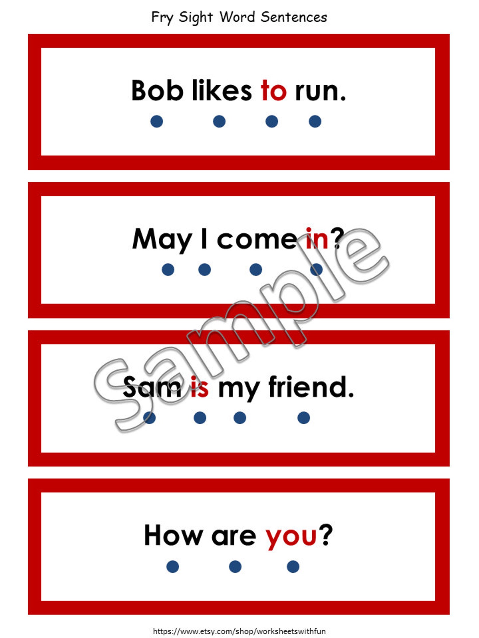 Fry Sight Words Sentence Strips: Kindergarten Reading (PDF Pattern) - Etsy