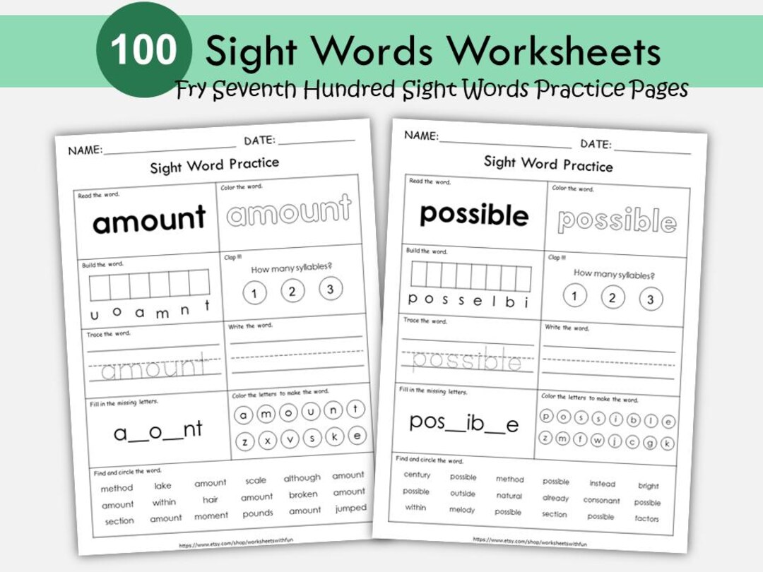 100 Printable Sight Words Worksheets, Fry Seventh Hundred Sight Word ...