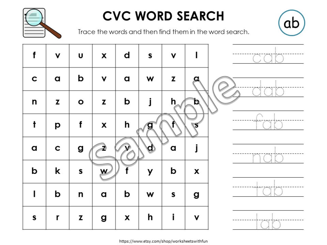 CVC Word Search Worksheets Printable, Trace & Find CVC Words, Phonics ...