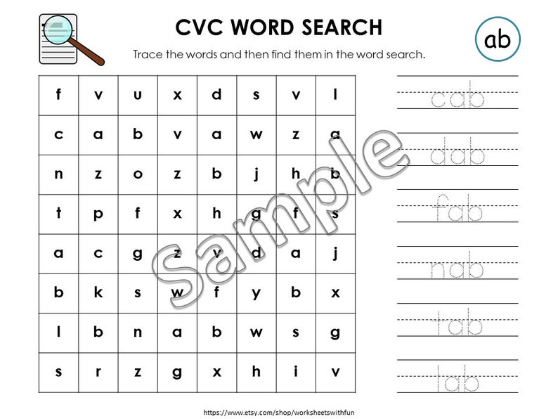 CVC Word Search Worksheets Printable, Trace & Find CVC Words, Phonics ...