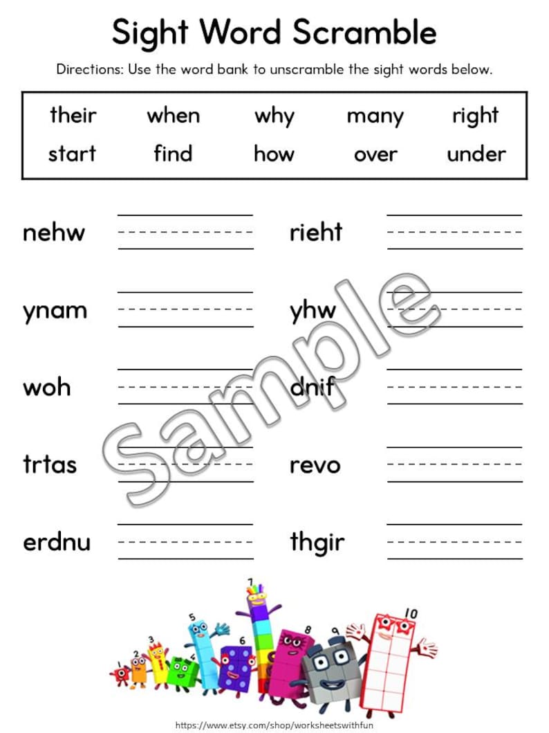124 Sight Word Unscramble Worksheets for First Grade | Spelling ...
