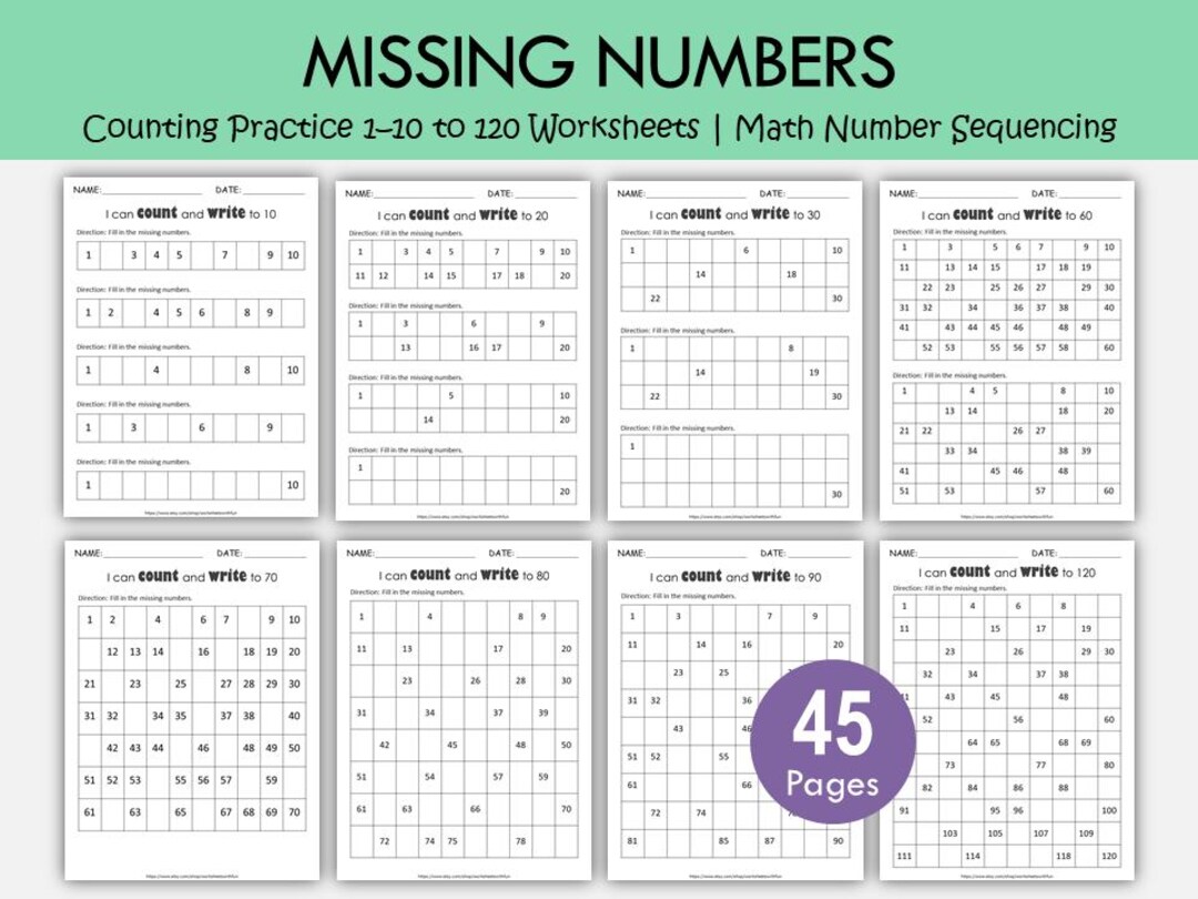 Missing Number Worksheets 1–120 | Counting Practice 1–10 to 120 | Math ...