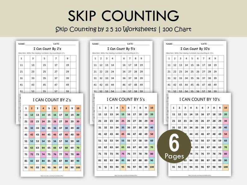 Skip Counting by 2, 5, 10 Worksheets | 100 Chart Printable Math ...