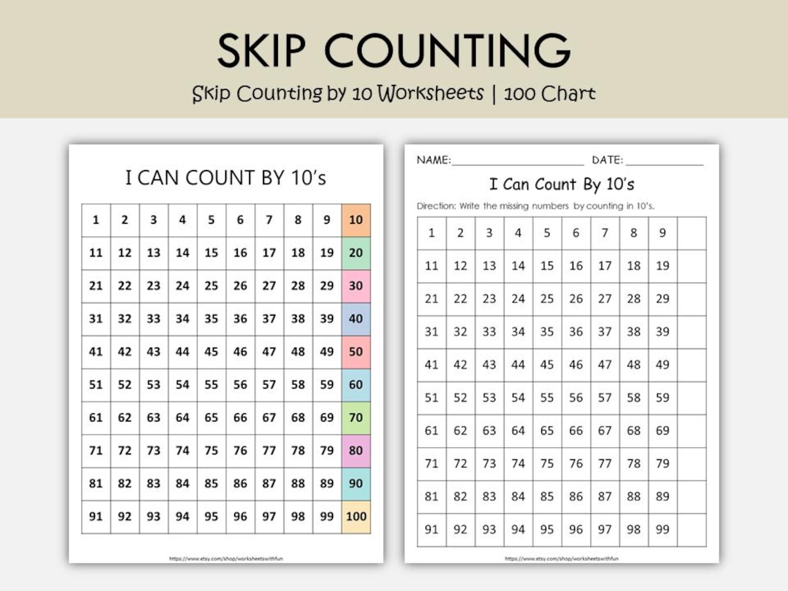 Skip Counting by 2, 5, 10 Worksheets | 100 Chart Printable Math ...
