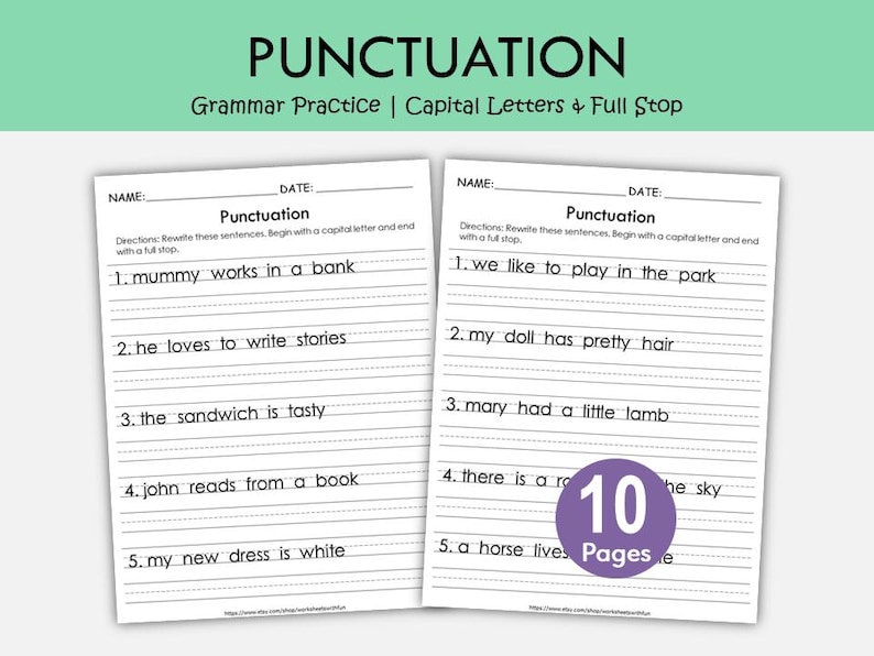 Punctuation Worksheets | Capital Letters & Period (full Stop) Practice ...