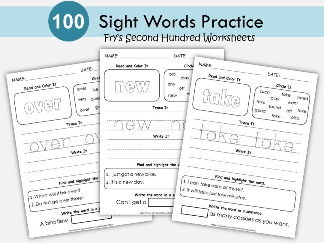 100 Sight Words Worksheets, Fry Second Hundred Words Practice, Sight ...