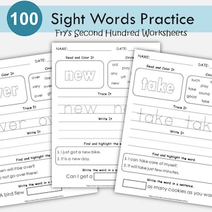 100 Sight Words Worksheets, Fry Second Hundred Words Practice, Sight ...
