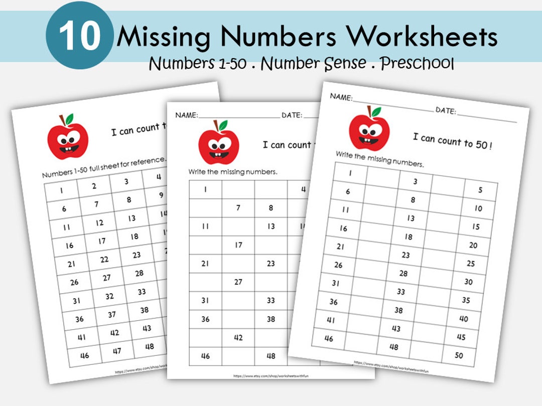 Missing Number Worksheets 1-50: Preschool Math Practice (PDF) - Etsy