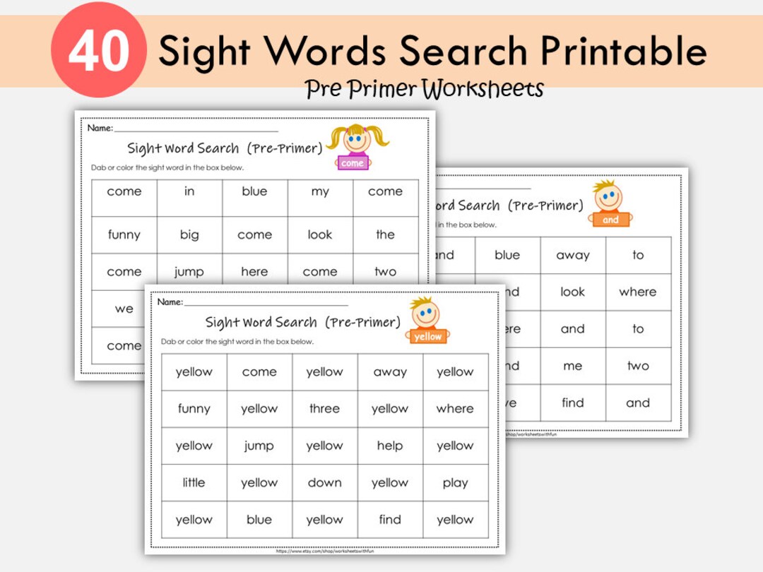 Sight Word Worksheets, Dolch Pre Primer, 40 Sight Word Search Printable ...