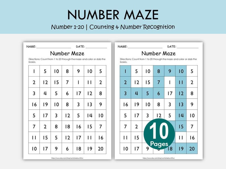 Number Maze Worksheets 1-20 | Preschool Counting & Number Recognition ...