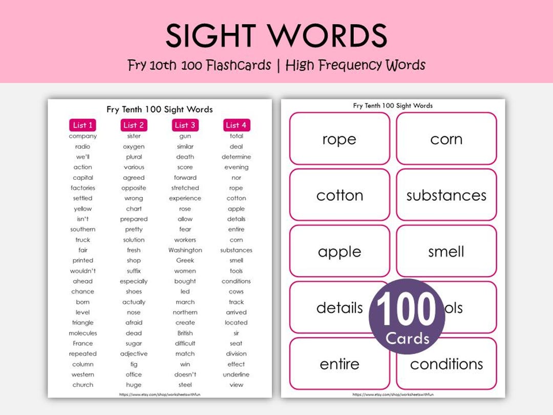 Fry Tenth 100 Sight Words Flashcards Printable 901-1000 | High ...