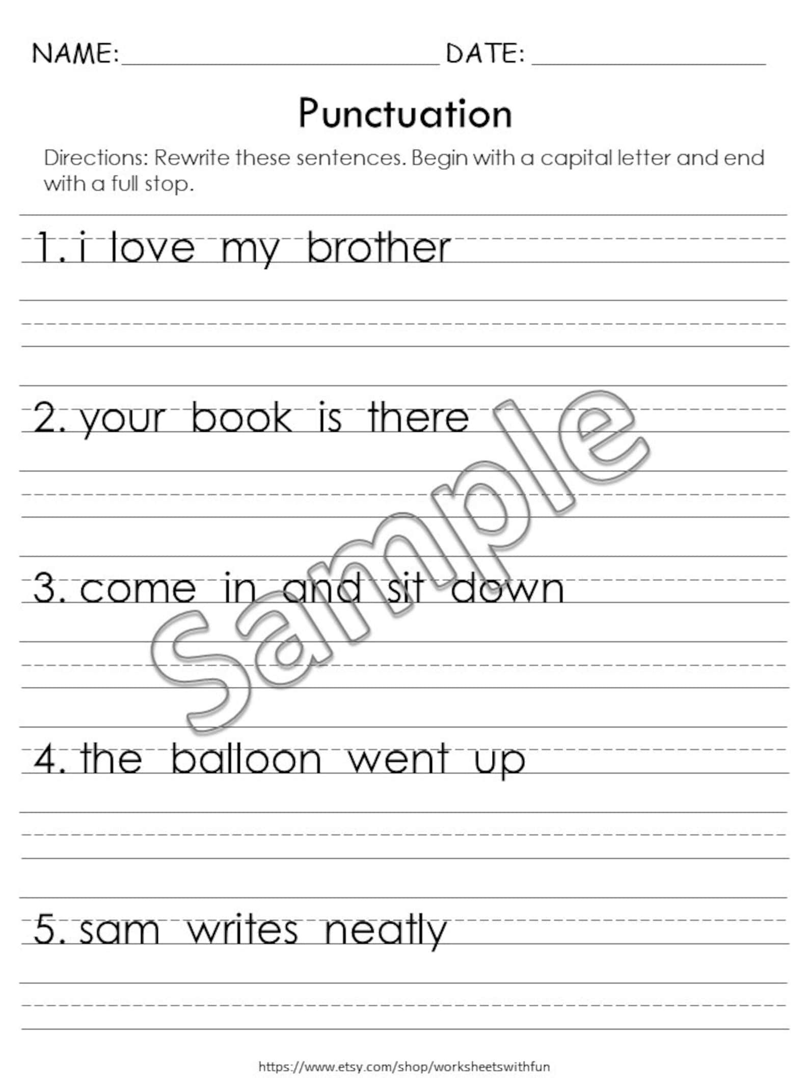 Punctuation Worksheets | Capital Letters & Period (full Stop) Practice ...