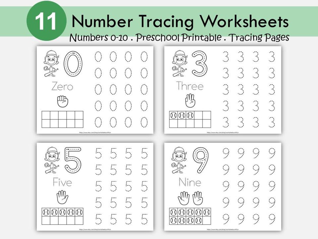 0-10 Number Tracing, Baseball Theme Preschool Worksheet Printable ...