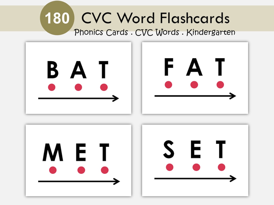 180 CVC Word Flashcards Printable | Phonics Blending Cards | Uppercase Dot & Arrow Reading ...