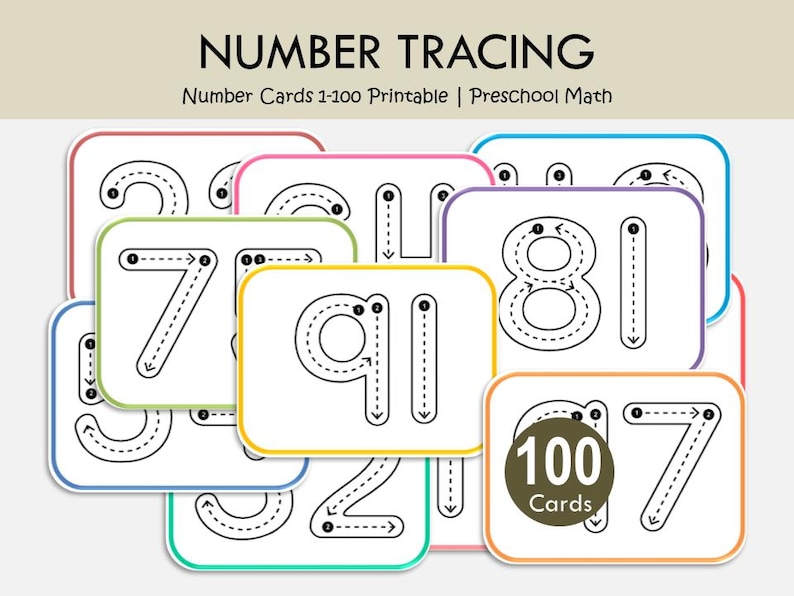 Number Tracing Cards 1-100 Printable, Preschool Math Flashcards ...