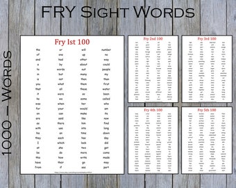 100 Printable Fry Hundred Sight Words Kindergarten Sight - Etsy