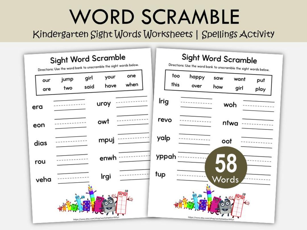 Kindergarten Sight Word Scramble Worksheets: Spelling Practice (PDF ...