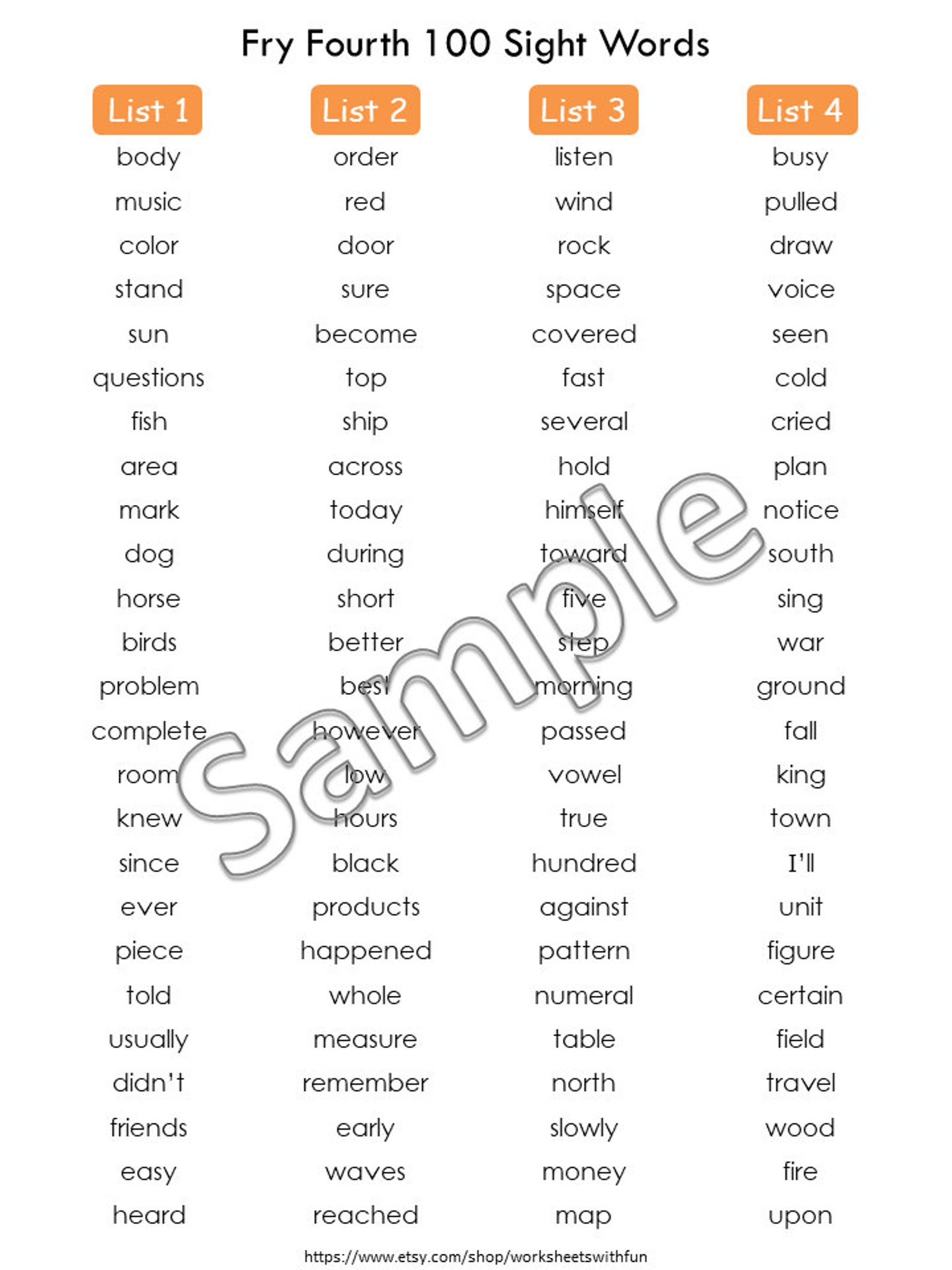 Fry Fourth 100 Sight Word Flashcards Printable (301-400) | High ...