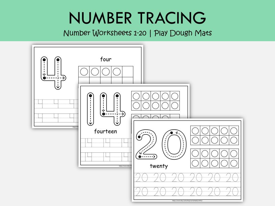 Number Tracing Worksheets 1-20 | Play Dough Number Mats | Ten Frame ...