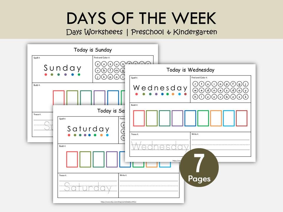 Days of the Week Worksheets Printable for Preschool & Kindergarten ...