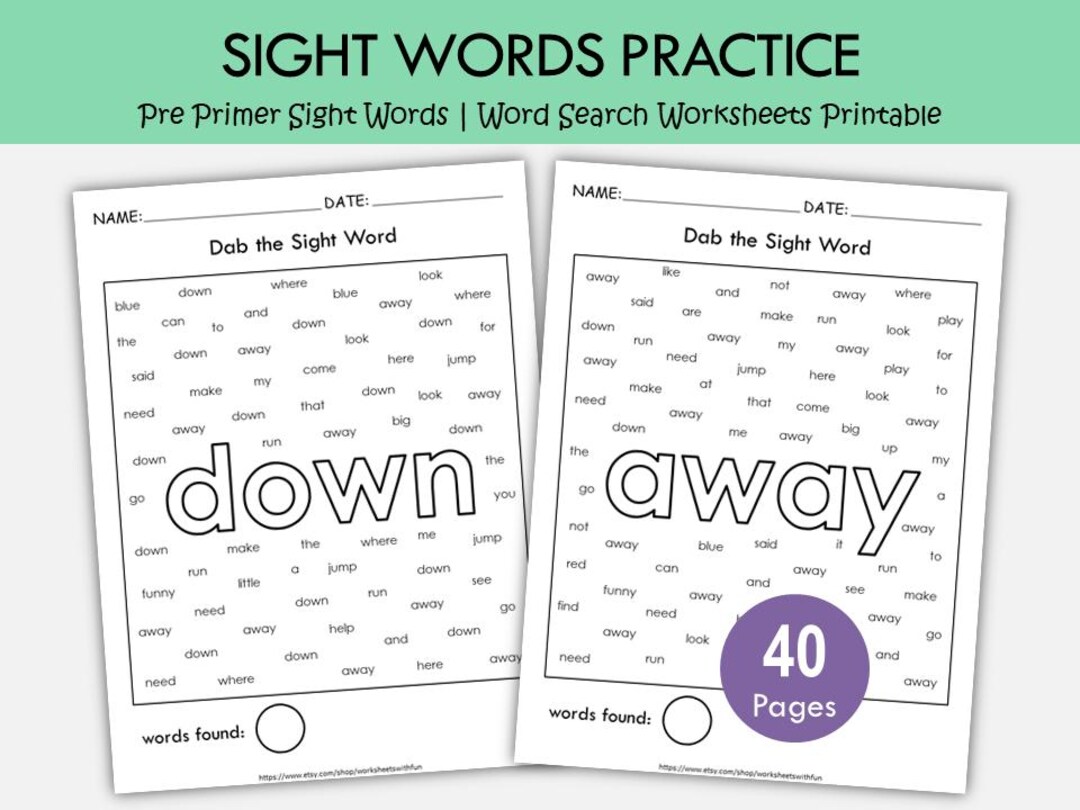 Pre Primer Sight Word Search Worksheets Printable, Kindergarten Sight ...