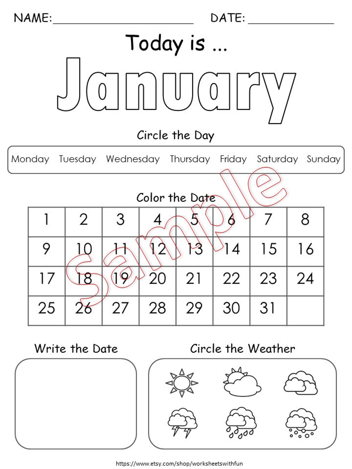 Preschool Calendar Worksheets Printable Kids Monthly Digital - Etsy