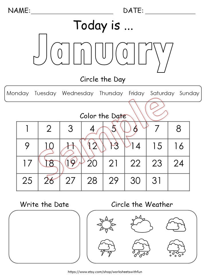 Preschool Calendar Worksheets Printable Kids Monthly Digital - Etsy