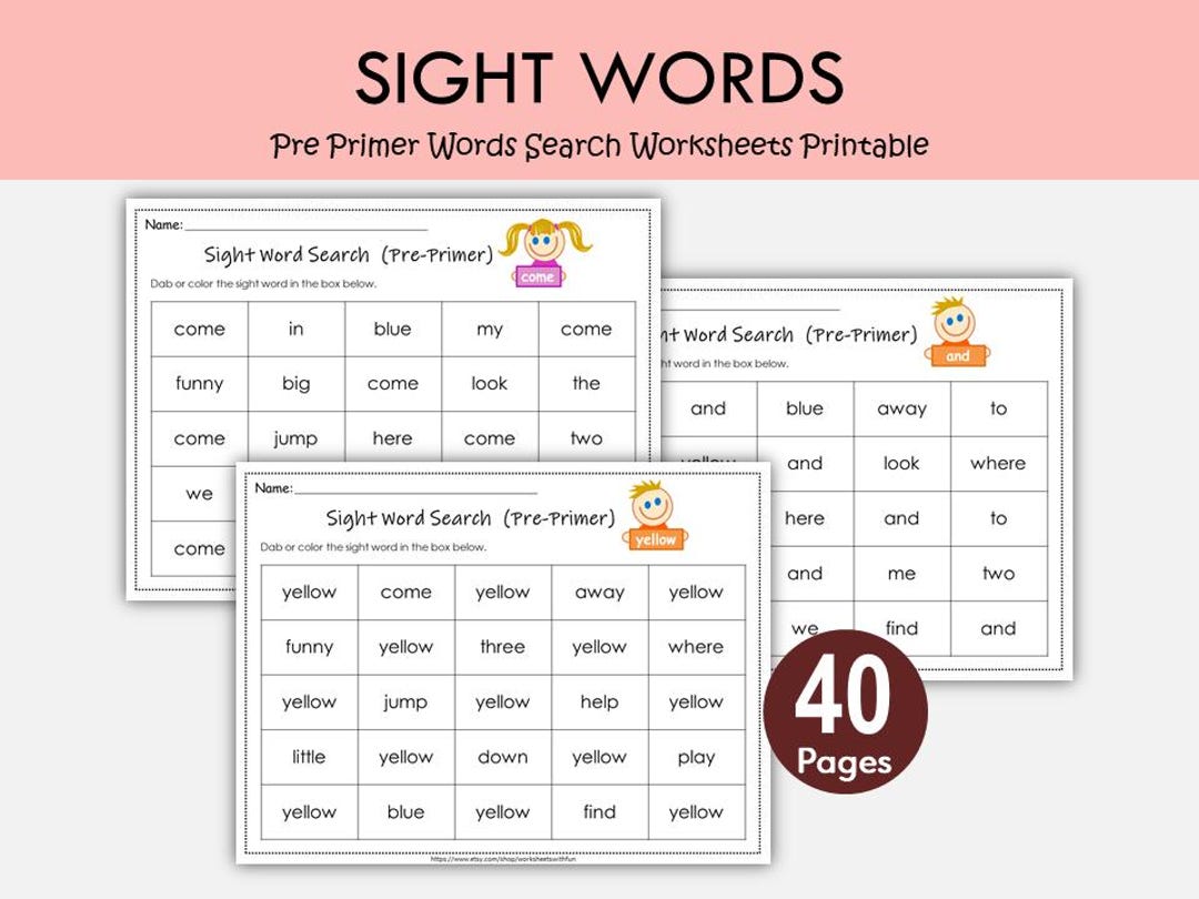 Sight Words Search Worksheets Printable | Pre Primer Dolch Sight Words ...