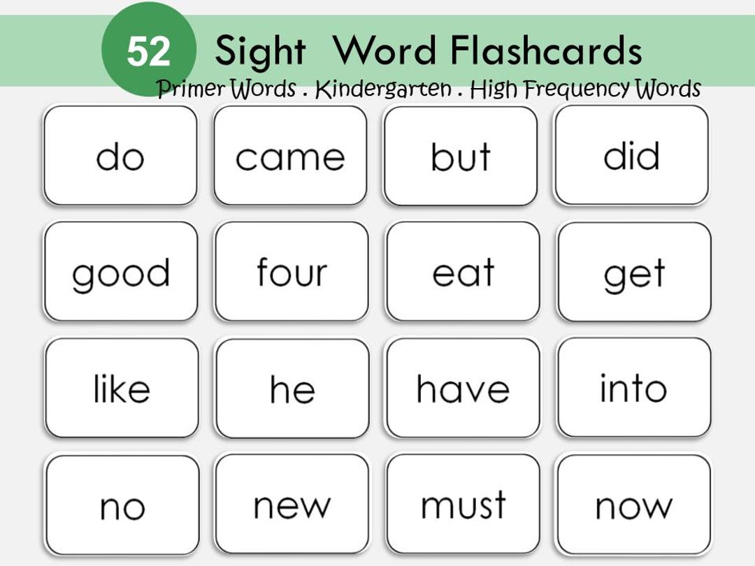 Sight Word Flashcards, 52 Pre Primer Level 2 High Frequency Words ...
