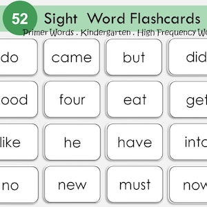 Sight Word Flashcards, 52 Pre Primer Level 2 High Frequency Words ...